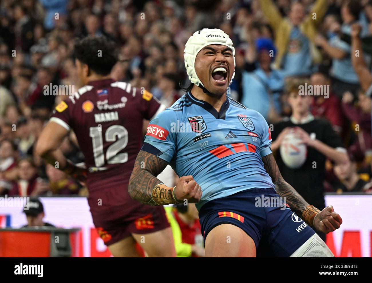 Brisbane, Australia. 28th May, 2025. Brian To'o of the Blues celebrates ...