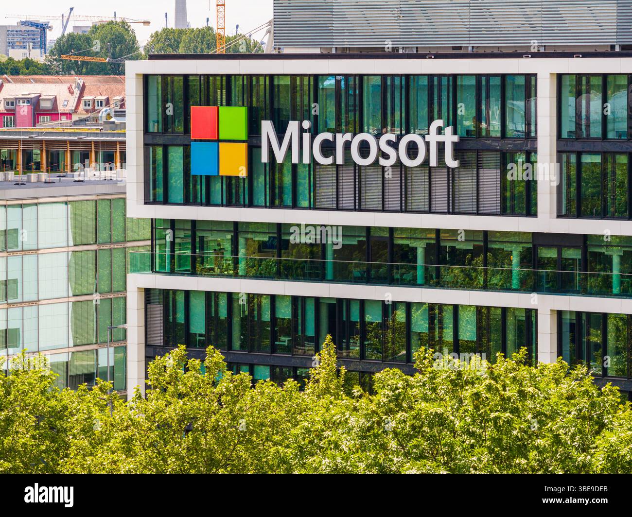 MUNICH, GERMANY - MAY 25, 2025: Microsoft logo at the company office ...