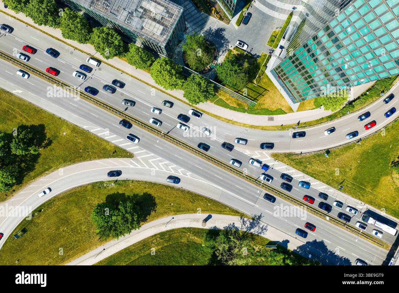 Aerial top down view on the city highway in Munich Mittlerer Ring ...