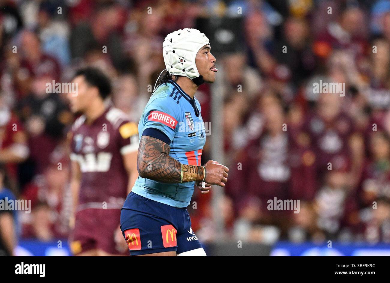Brisbane, Australia. 28th May, 2025. Brian To'o of the Blues is sent to ...