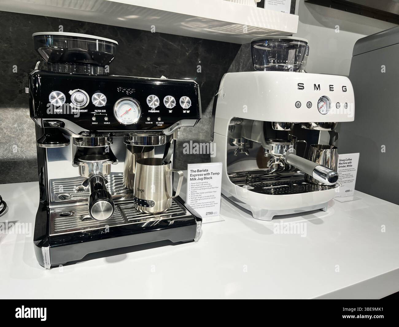 Modern espresso machines on display in a kitchen appliance store Stock ...