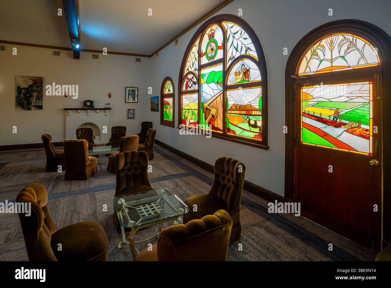 An interior view of the later added stained glass windows in the upper ...