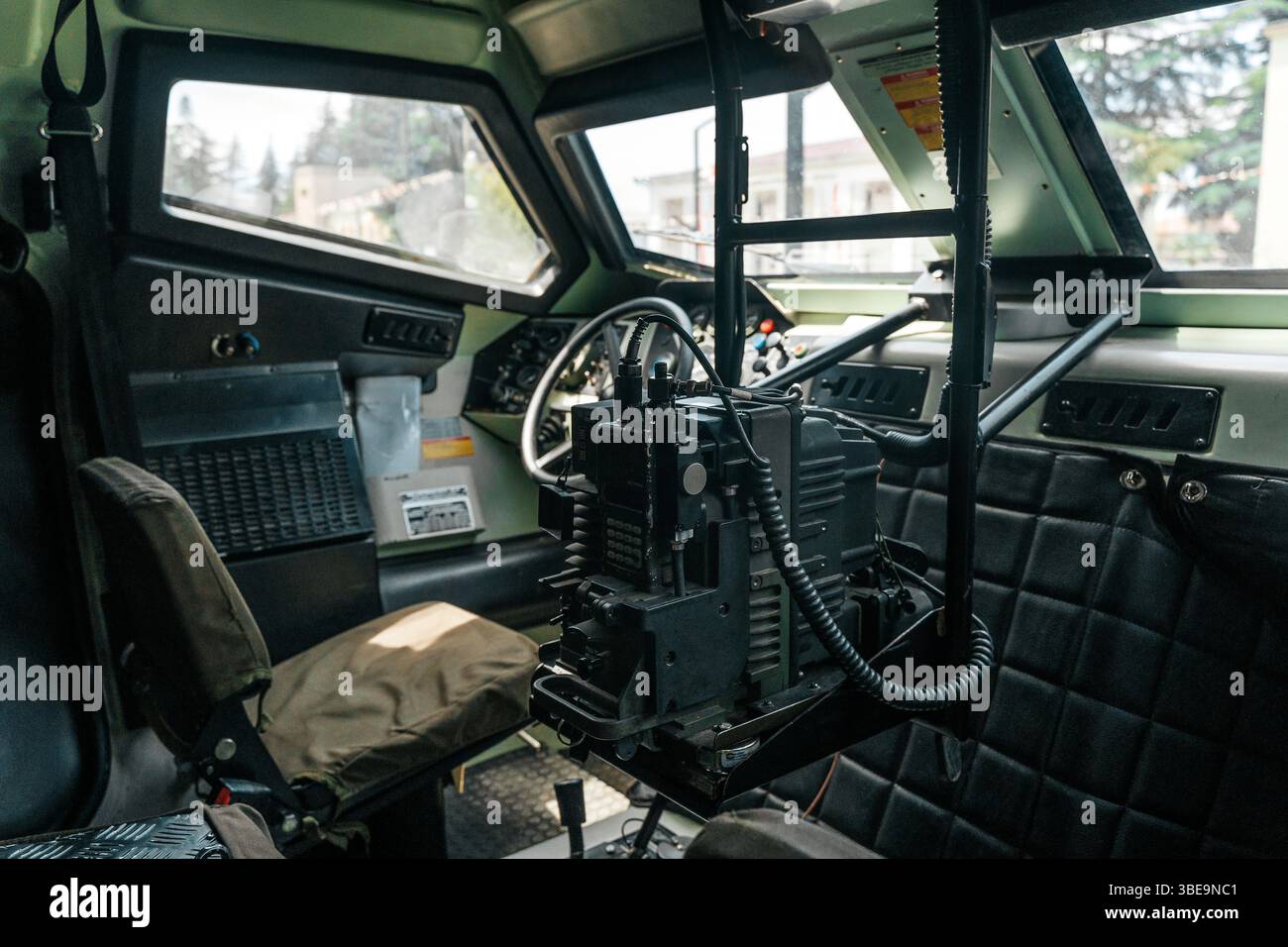 Detailed view of the interior of a military armored vehicle featuring a ...
