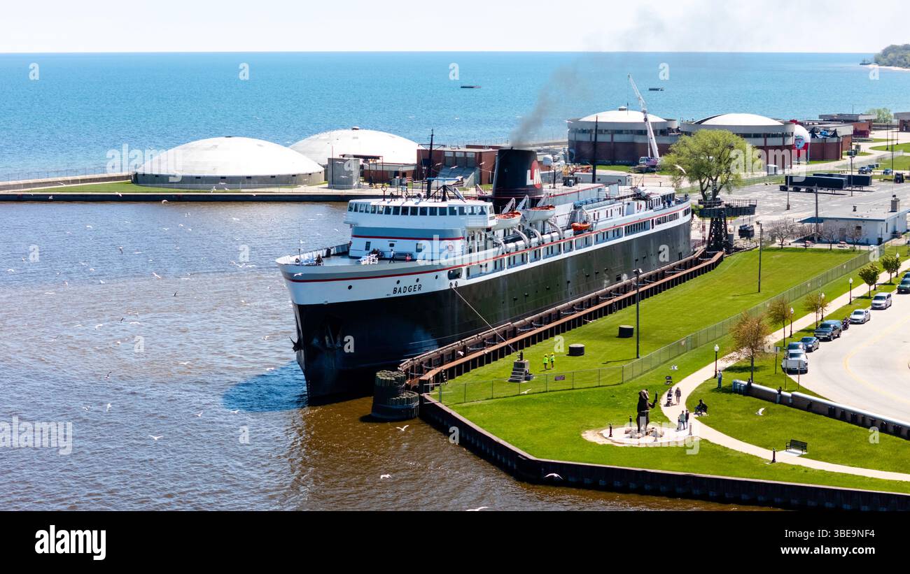 Aerial photgoraph of the Lake Michigan Car Ferry that crosses between ...