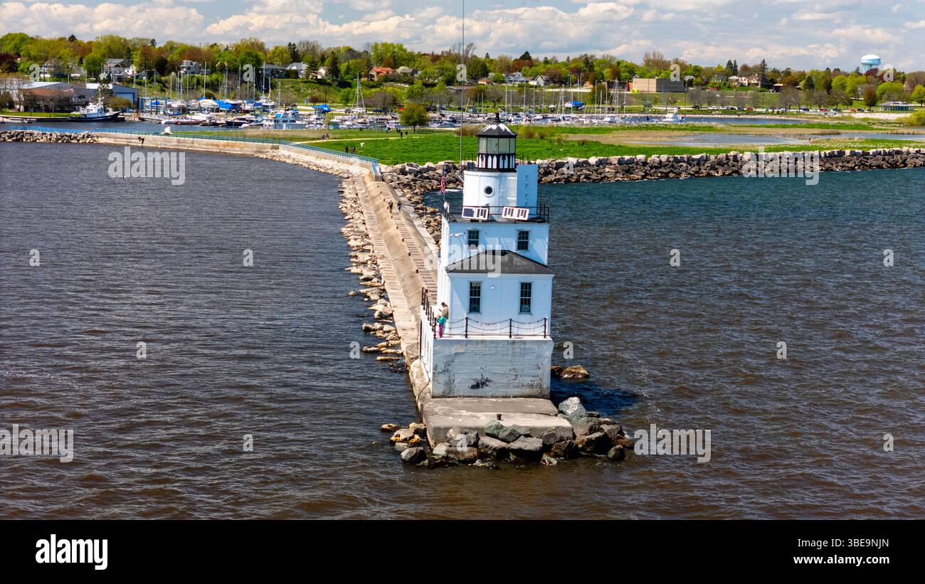 Aerial photgoraph of the lighthouse that protects Manitowoc Harbor ...