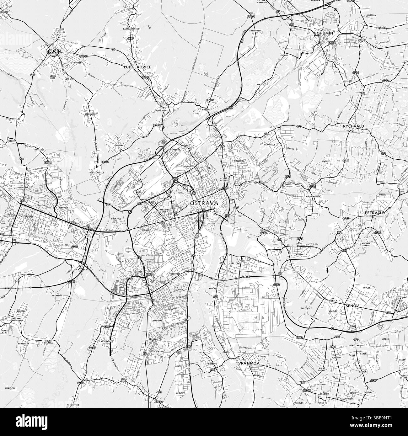Minimalist Ostrava Area Map with Labels and Neighborhoods with many ...