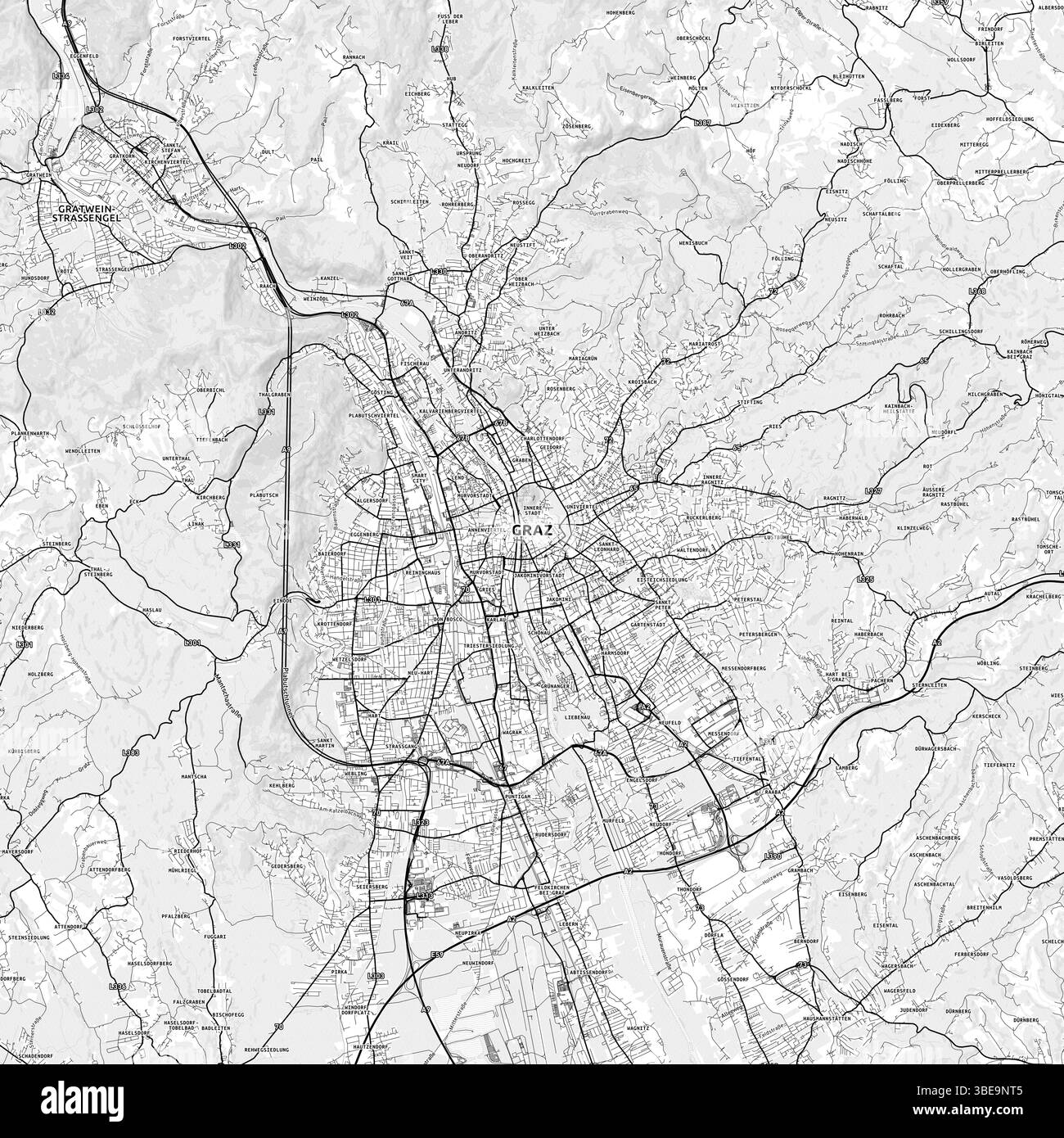 Minimalist Graz Area Map with Labels and Neighborhoods with many ...