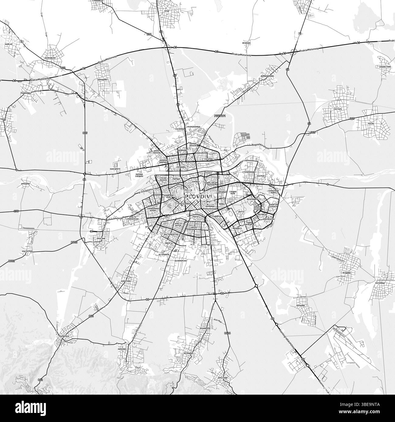 Minimalist Plovdiv Area Map with Labels and Neighborhoods with many ...