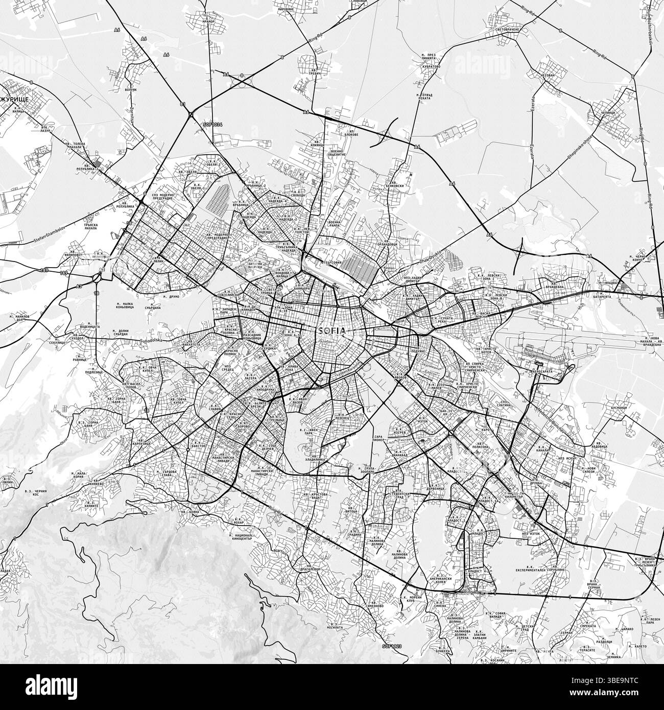 Minimalist Sofia Area Map with Labels and Neighborhoods with many details for urban roads, paths ...