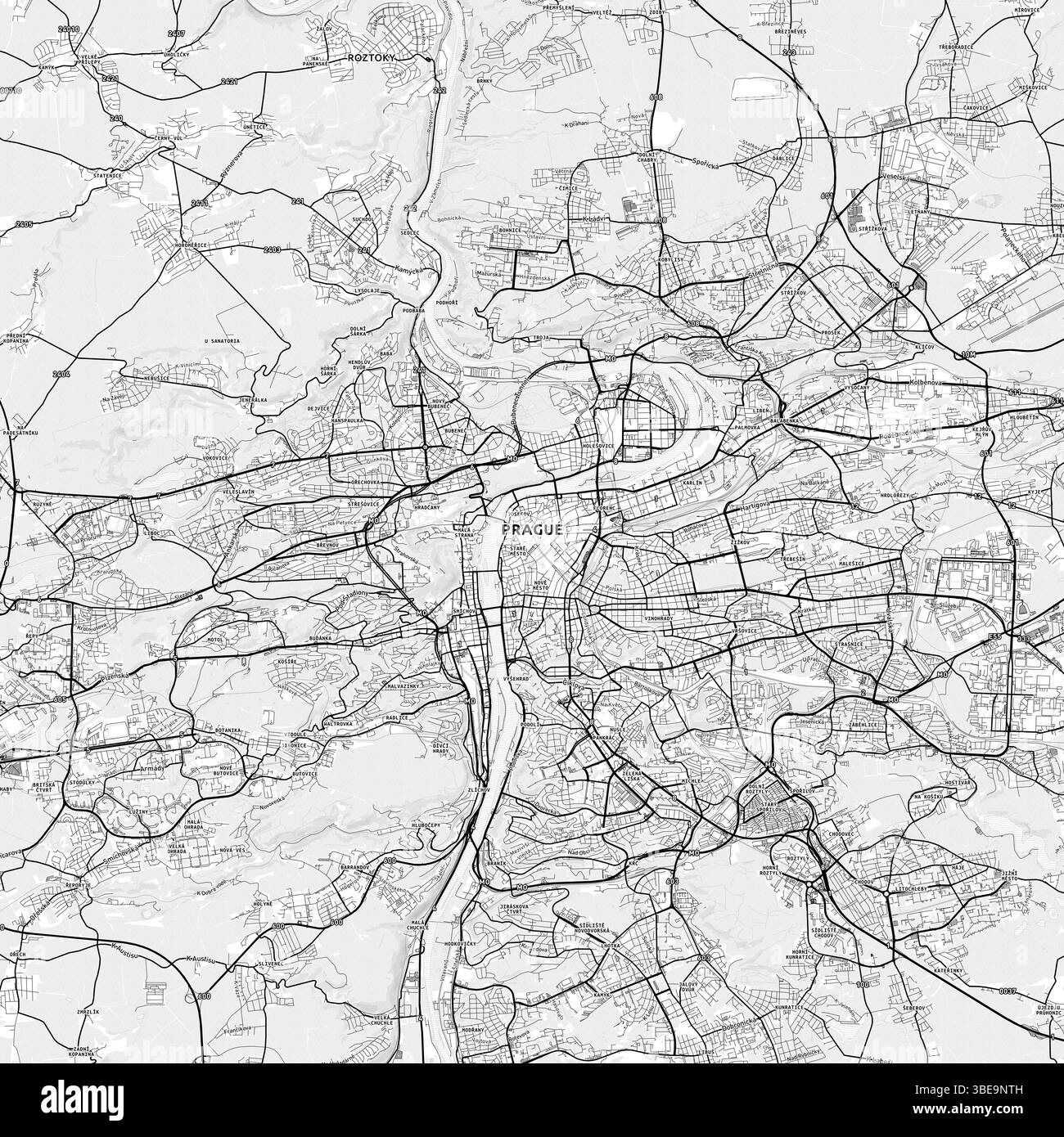 Minimalist Prague Area Map with Labels and Neighborhoods with many ...