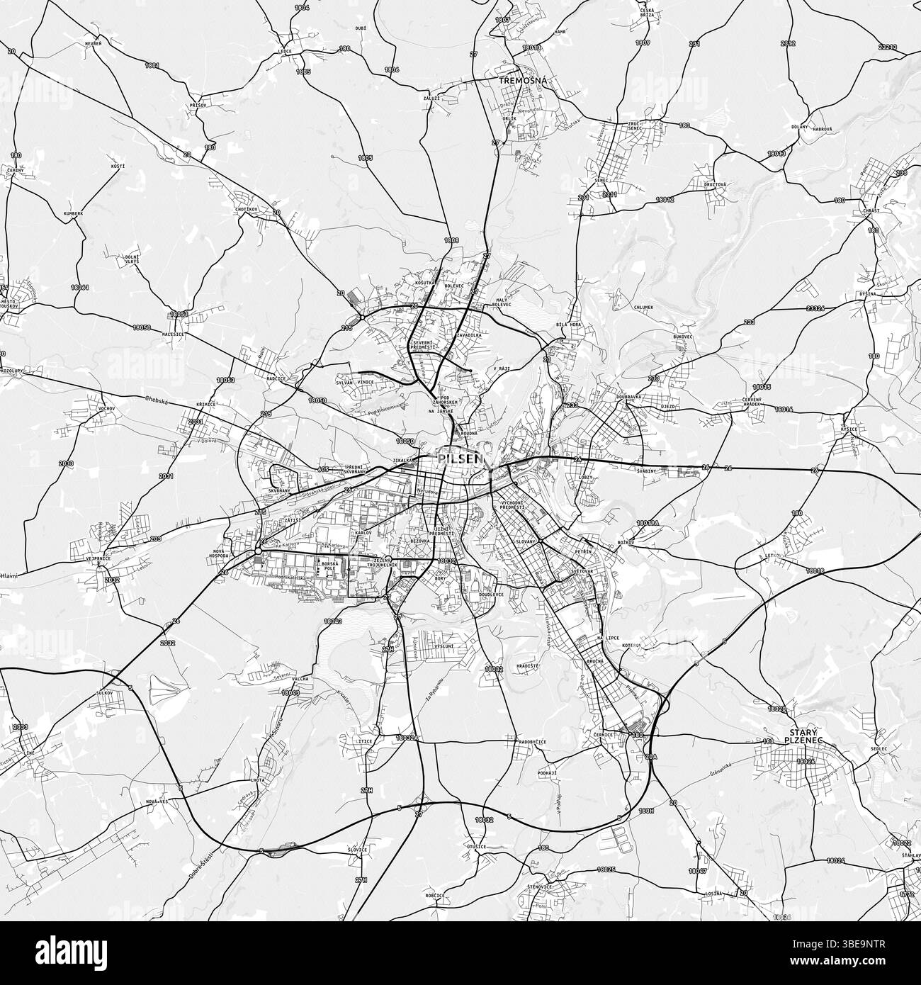 Minimalist Plzeň Area Map with Labels and Neighborhoods with many ...