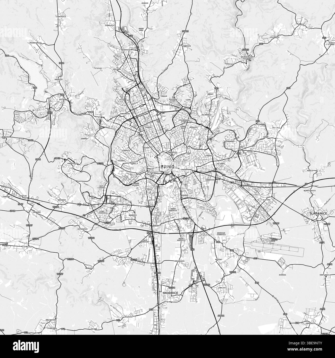 Minimalist Brno Area Map with Labels and Neighborhoods with many ...