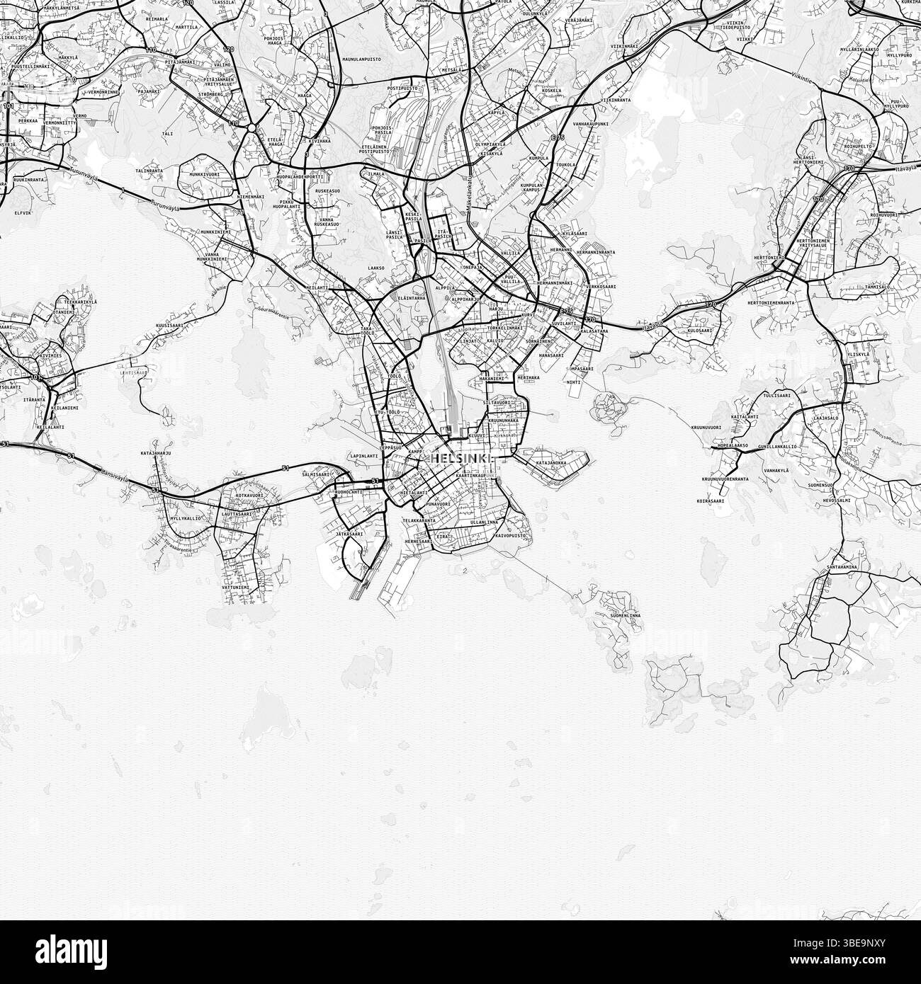 Minimalist Helsinki Area Map with Labels and Neighborhoods with many ...
