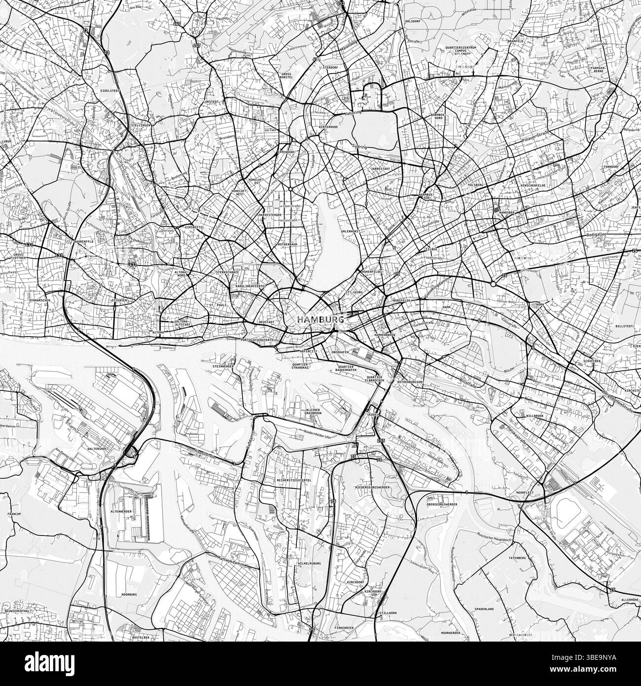 Minimalist Hamburg Area Map with Labels and Neighborhoods with many ...