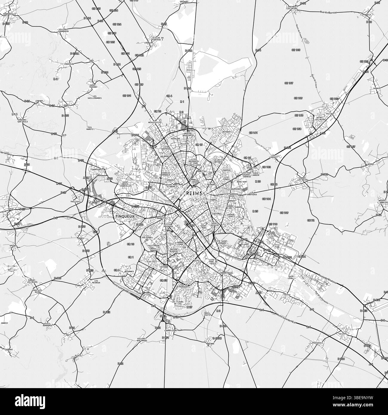 Minimalist Reims Area Map with Labels and Neighborhoods with many ...