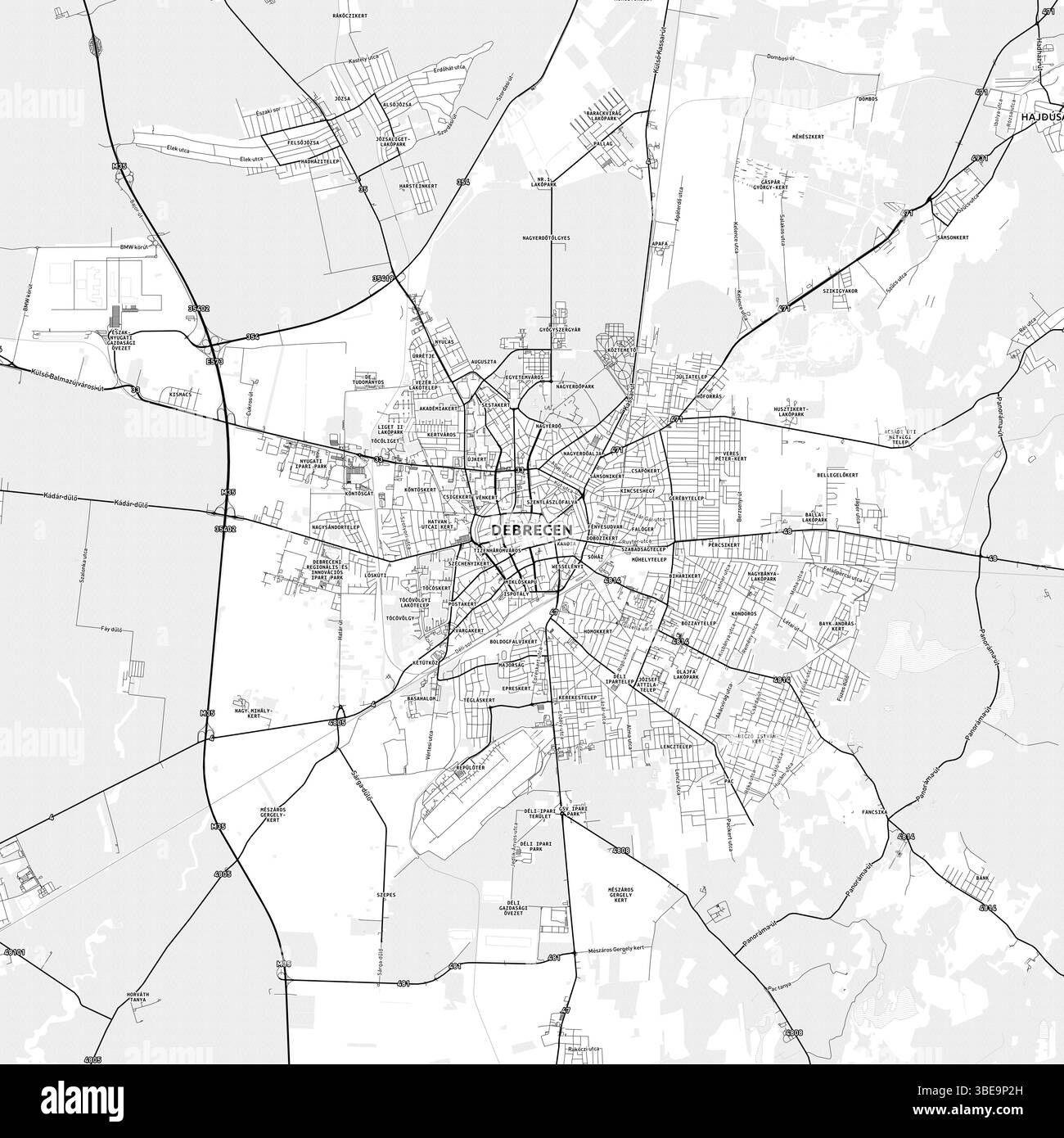 Minimalist Debrecen Area Map with Labels and Neighborhoods with many ...
