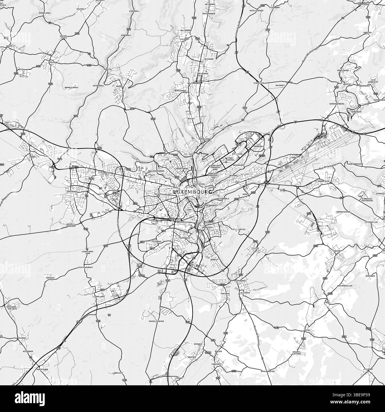 Minimalist Luxembourg City Area Map with Labels and Neighborhoods with ...