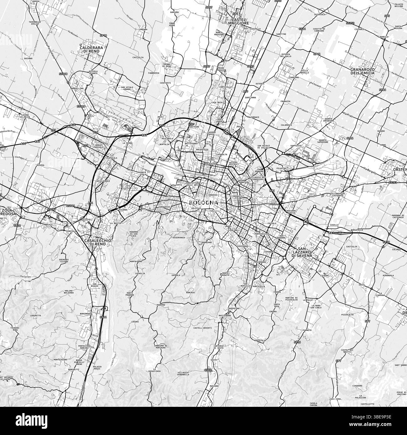 Minimalist Bologna Area Map with Labels and Neighborhoods with many ...