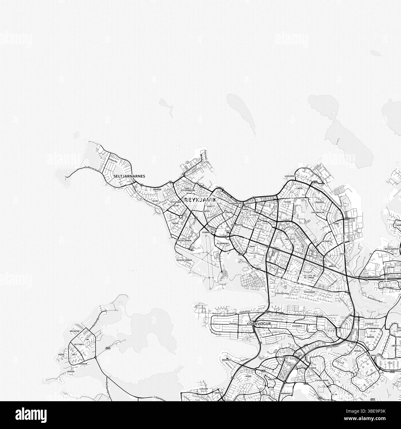 Minimalist Reykjavík Area Map with Labels and Neighborhoods with many ...