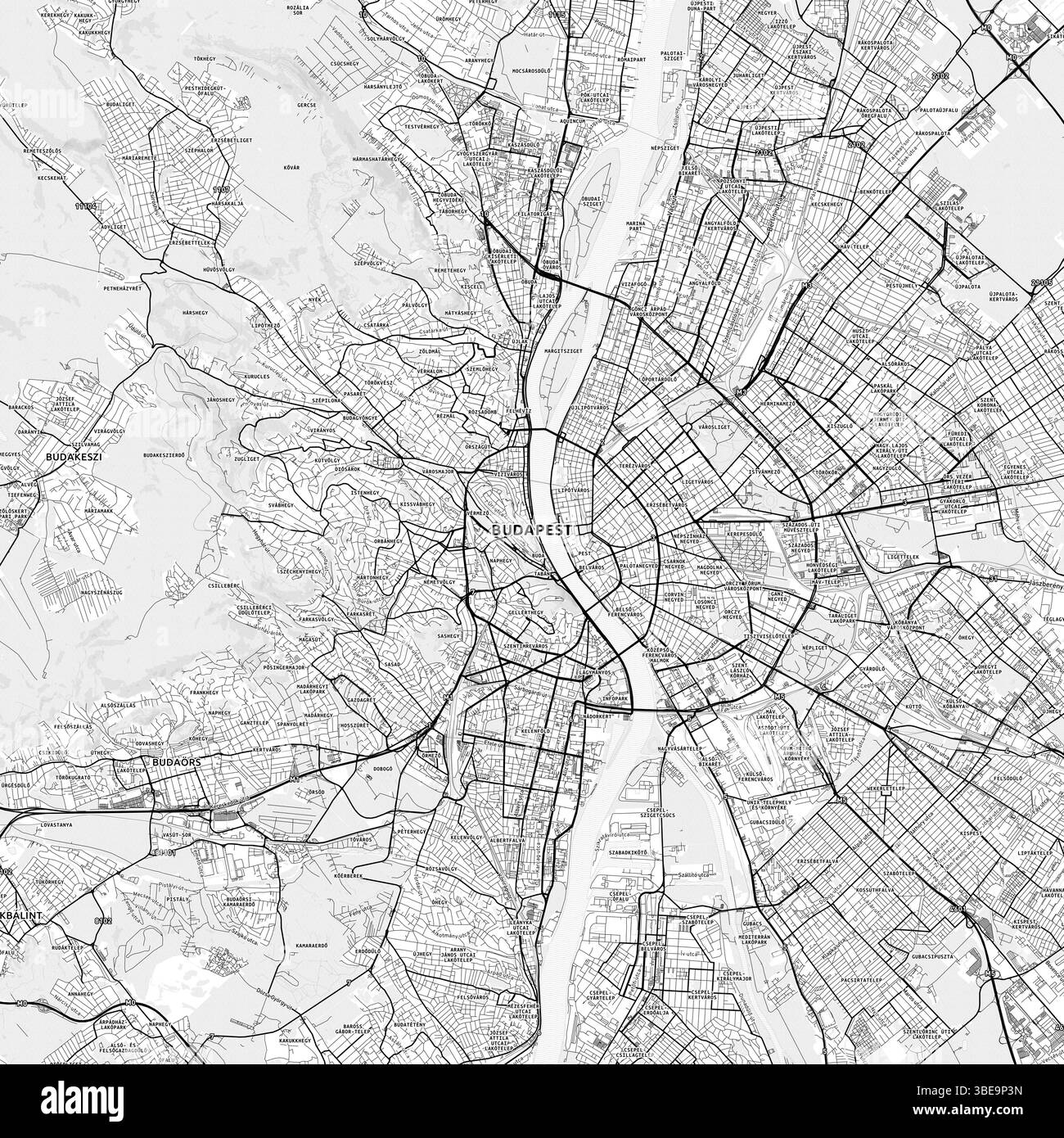 Minimalist Budapest Area Map with Labels and Neighborhoods with many ...