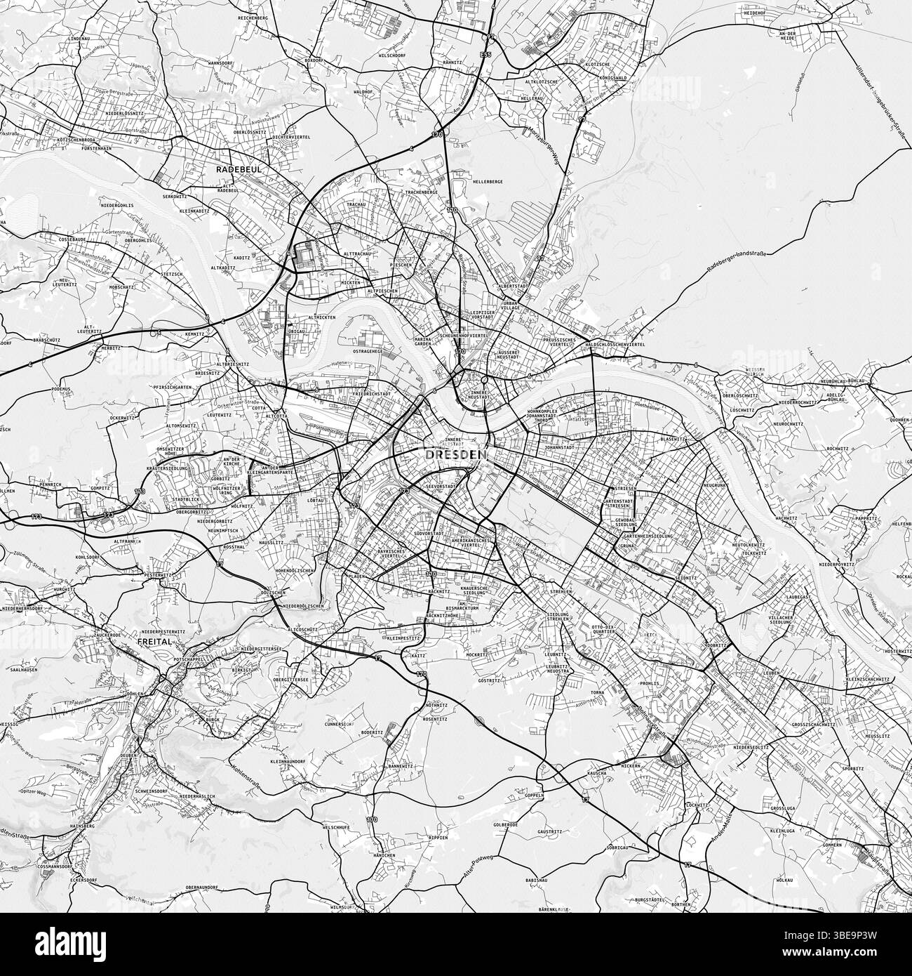 Minimalist Dresden Area Map with Labels and Neighborhoods with many ...