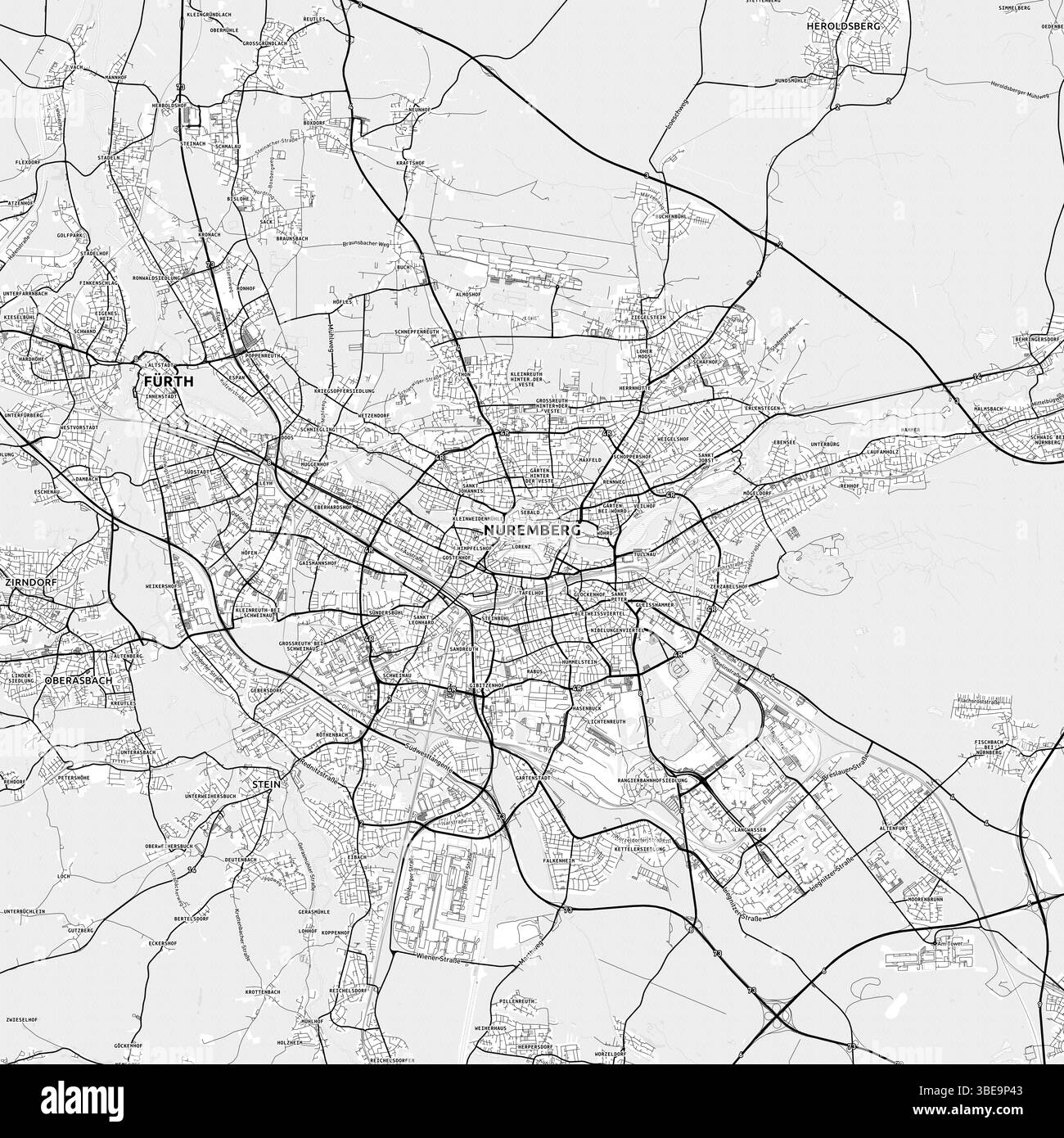 Minimalist Nurnberg Area Map with Labels and Neighborhoods with many ...