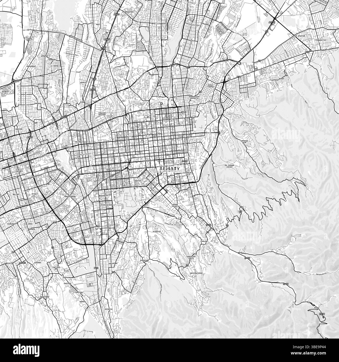 Minimalist Almaty Area Map with Labels and Neighborhoods with many ...