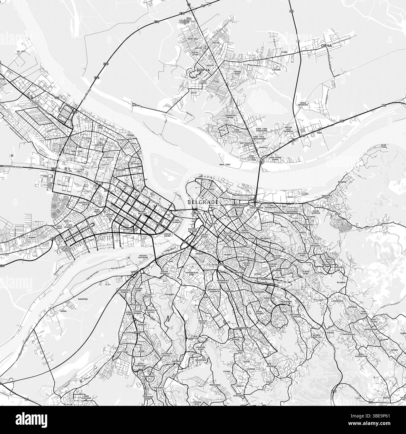 Minimalist Belgrade Area Map with Labels and Neighborhoods with many ...