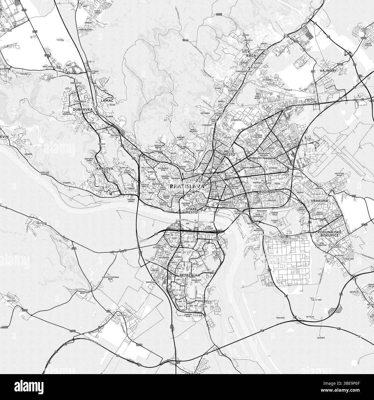 Minimalist Bratislava Area Map with Labels and Neighborhoods with many ...
