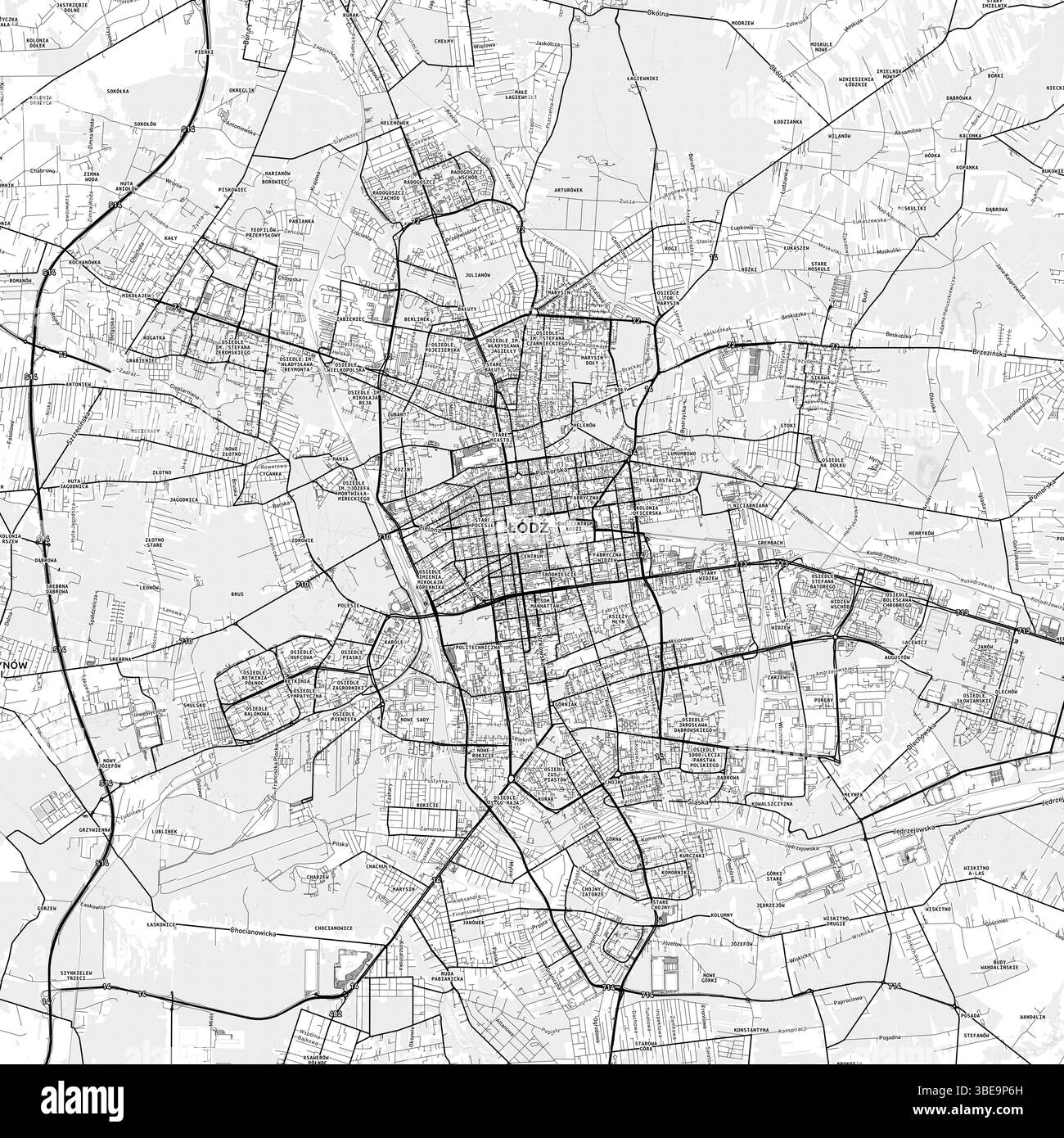 Minimalist Łódź Area Map with Labels and Neighborhoods with many ...