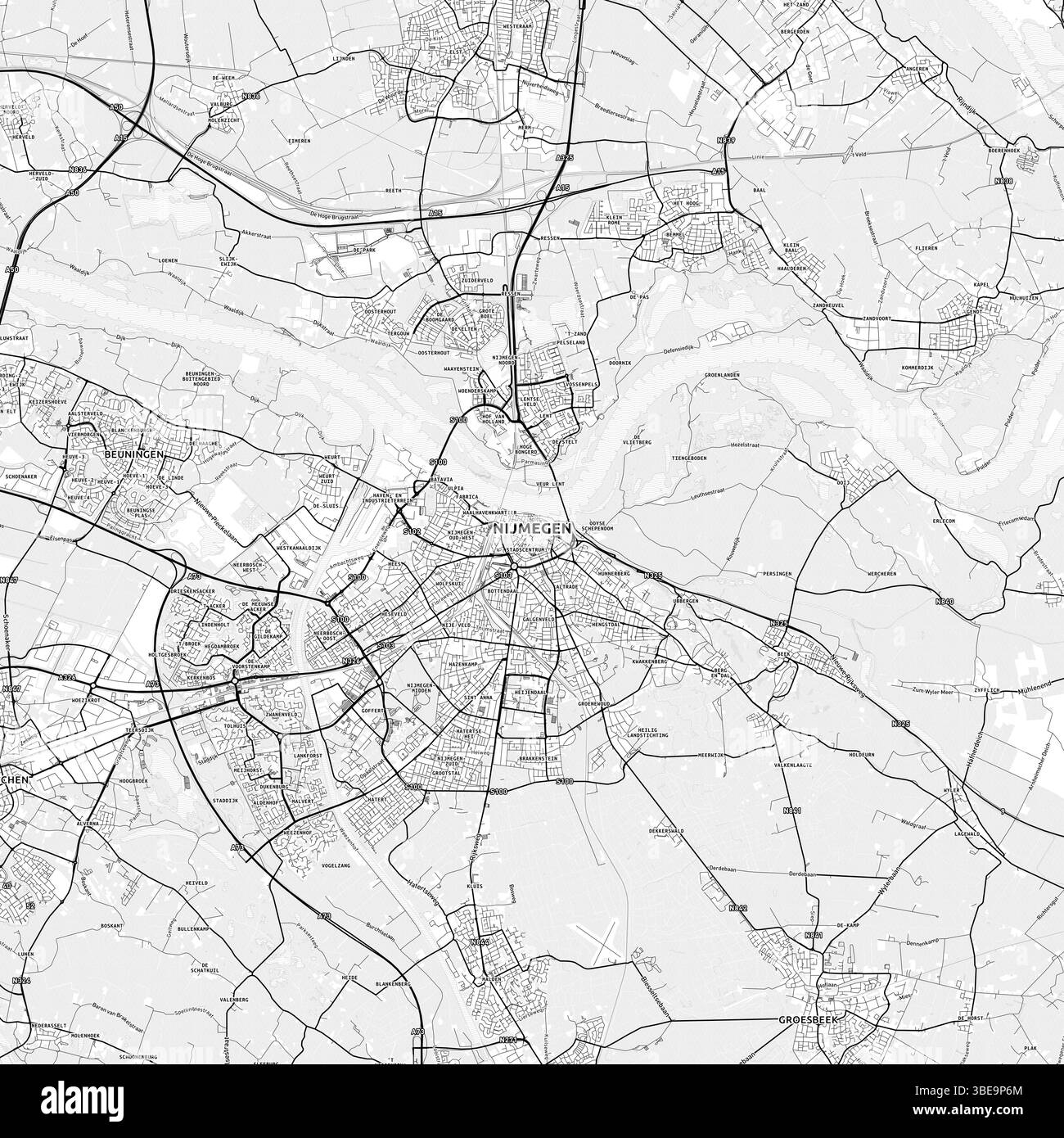 Minimalist Nijmegen Area Map with Labels and Neighborhoods with many ...