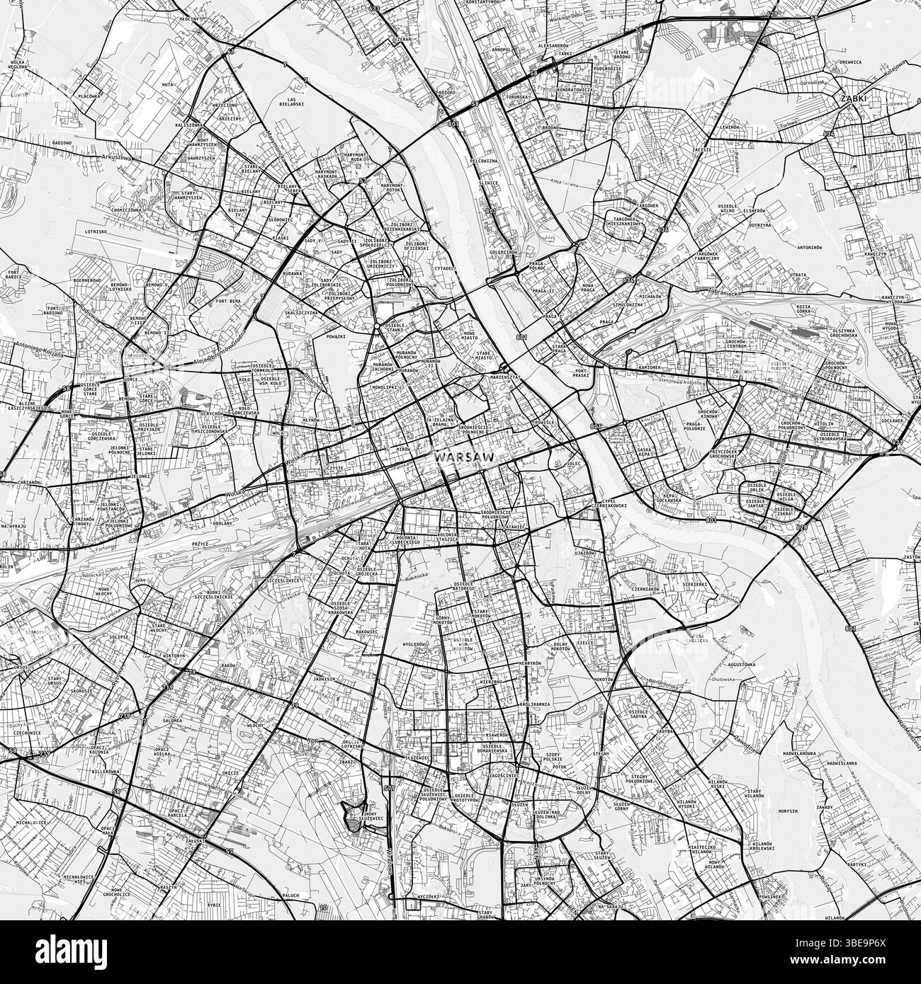Minimalist Warsaw Area Map with Labels and Neighborhoods with many ...