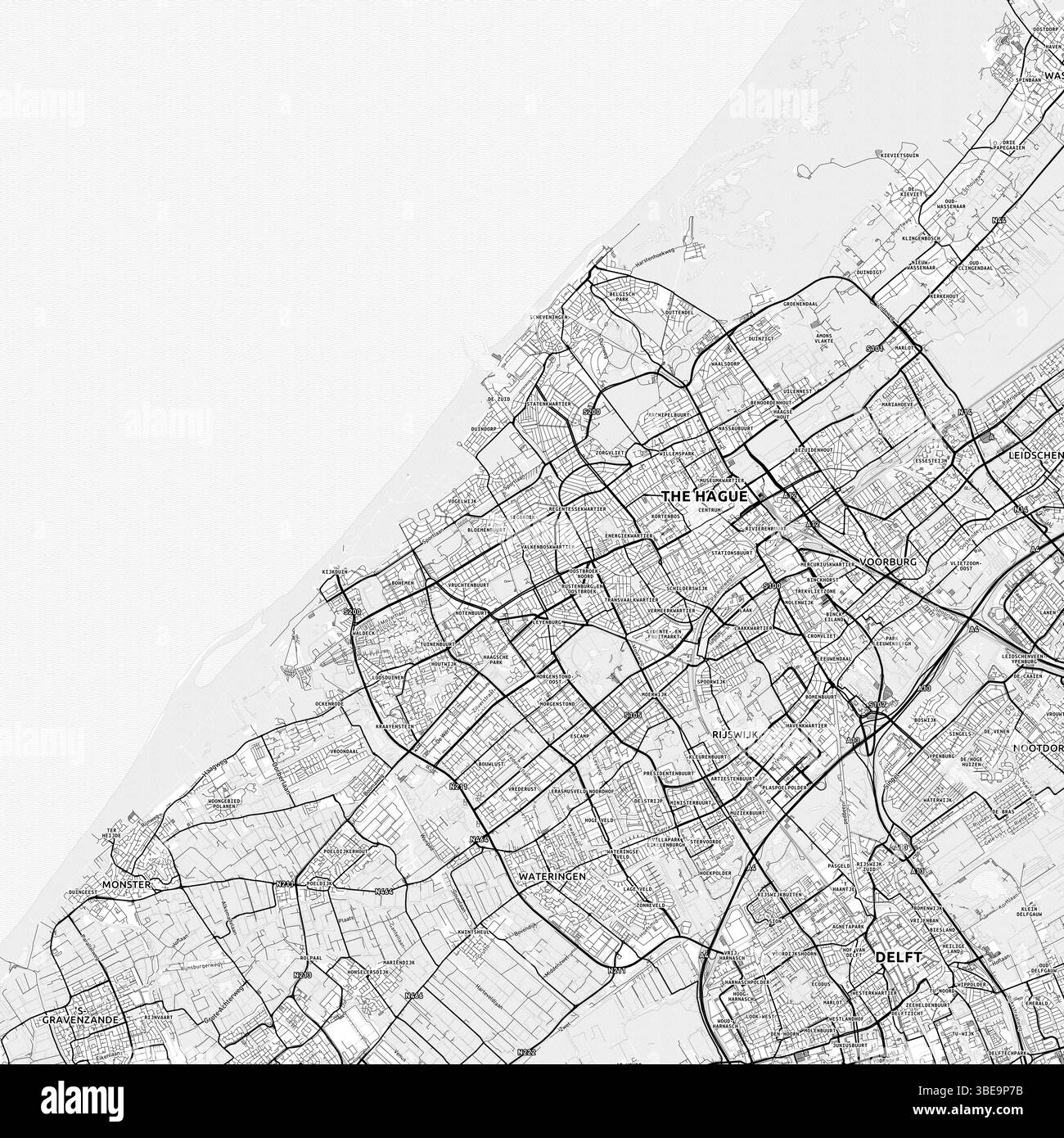 Minimalist The Hague Area Map with Labels and Neighborhoods with many ...
