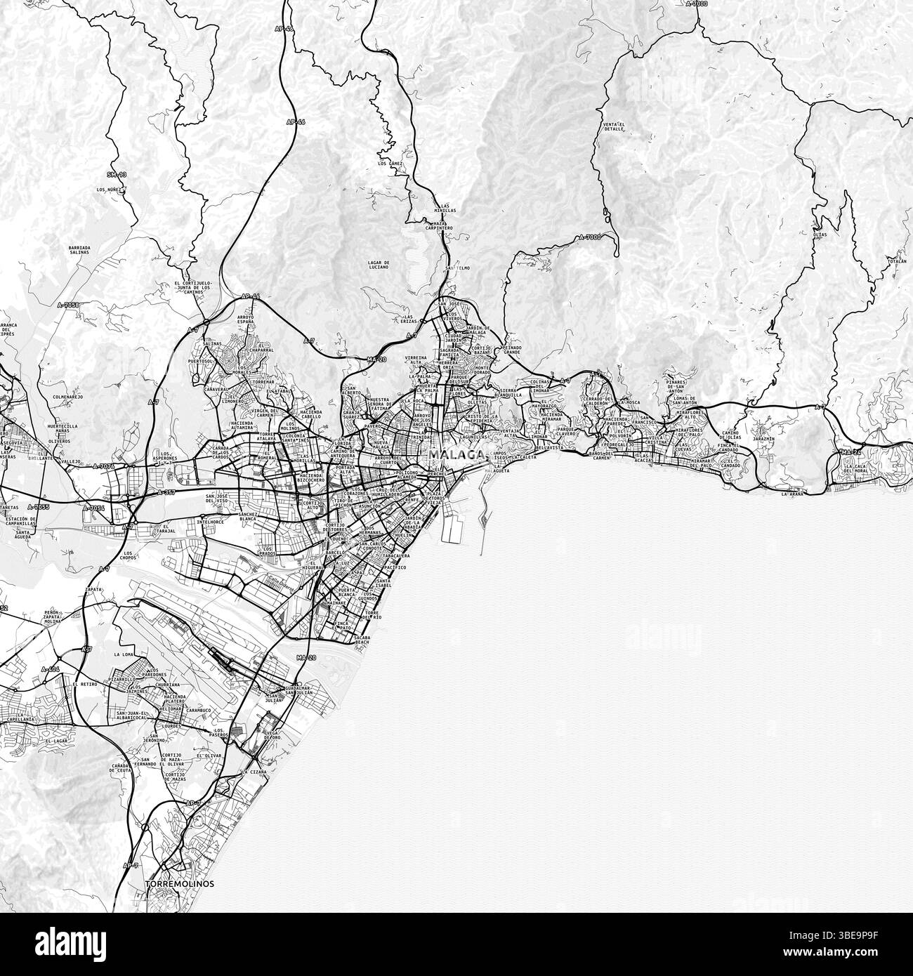 Minimalist Málaga Area Map with Labels and Neighborhoods with many ...