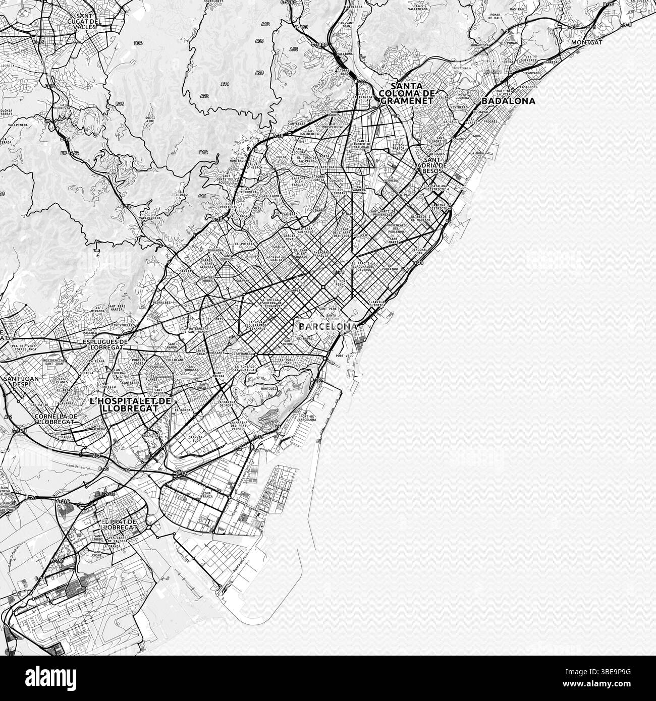 Minimalist Barcelona Area Map with Labels and Neighborhoods with many ...