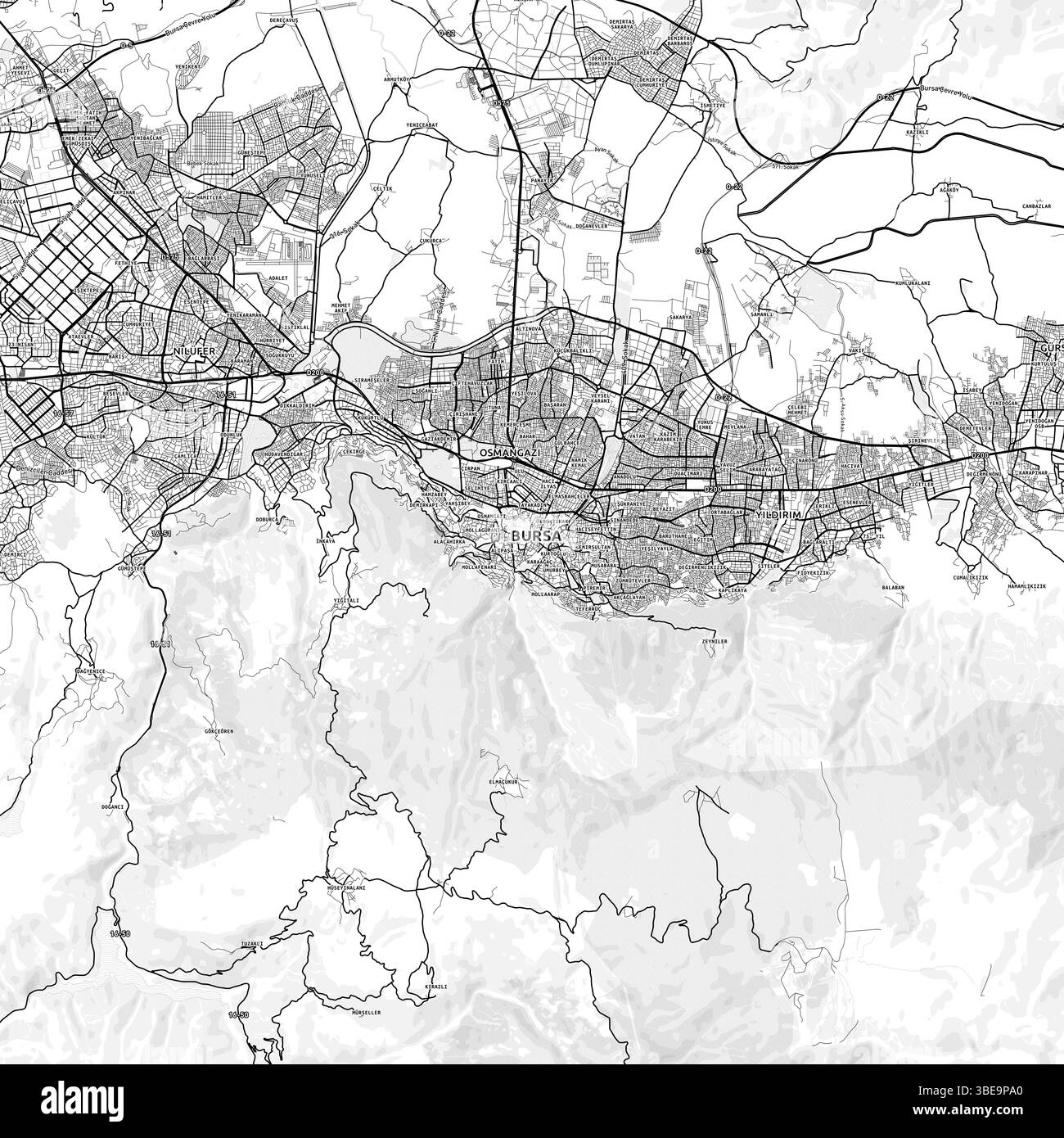 Minimalist Bursa Area Map with Labels and Neighborhoods with many ...