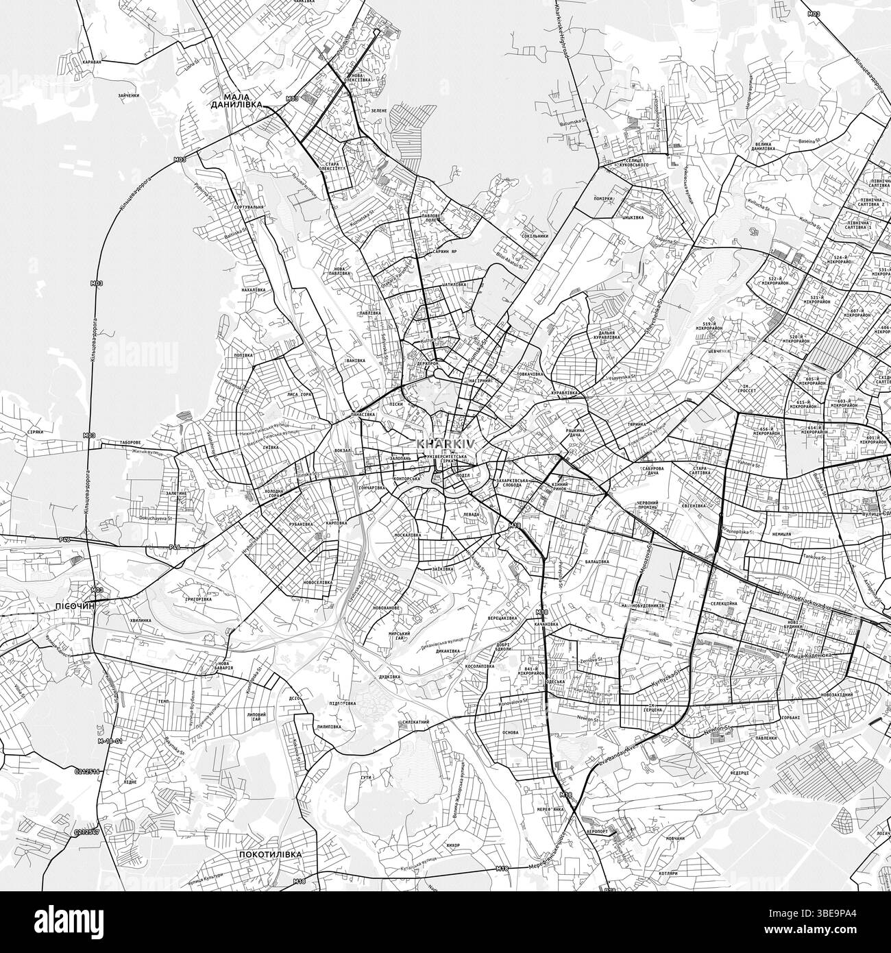 Minimalist Kharkiv Area Map with Labels and Neighborhoods with many ...