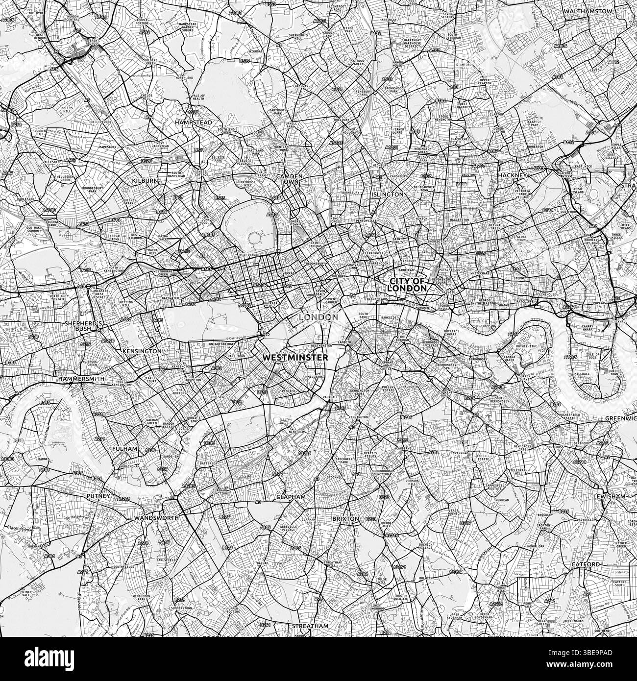 Minimalist London Area Map with Labels and Neighborhoods with many ...