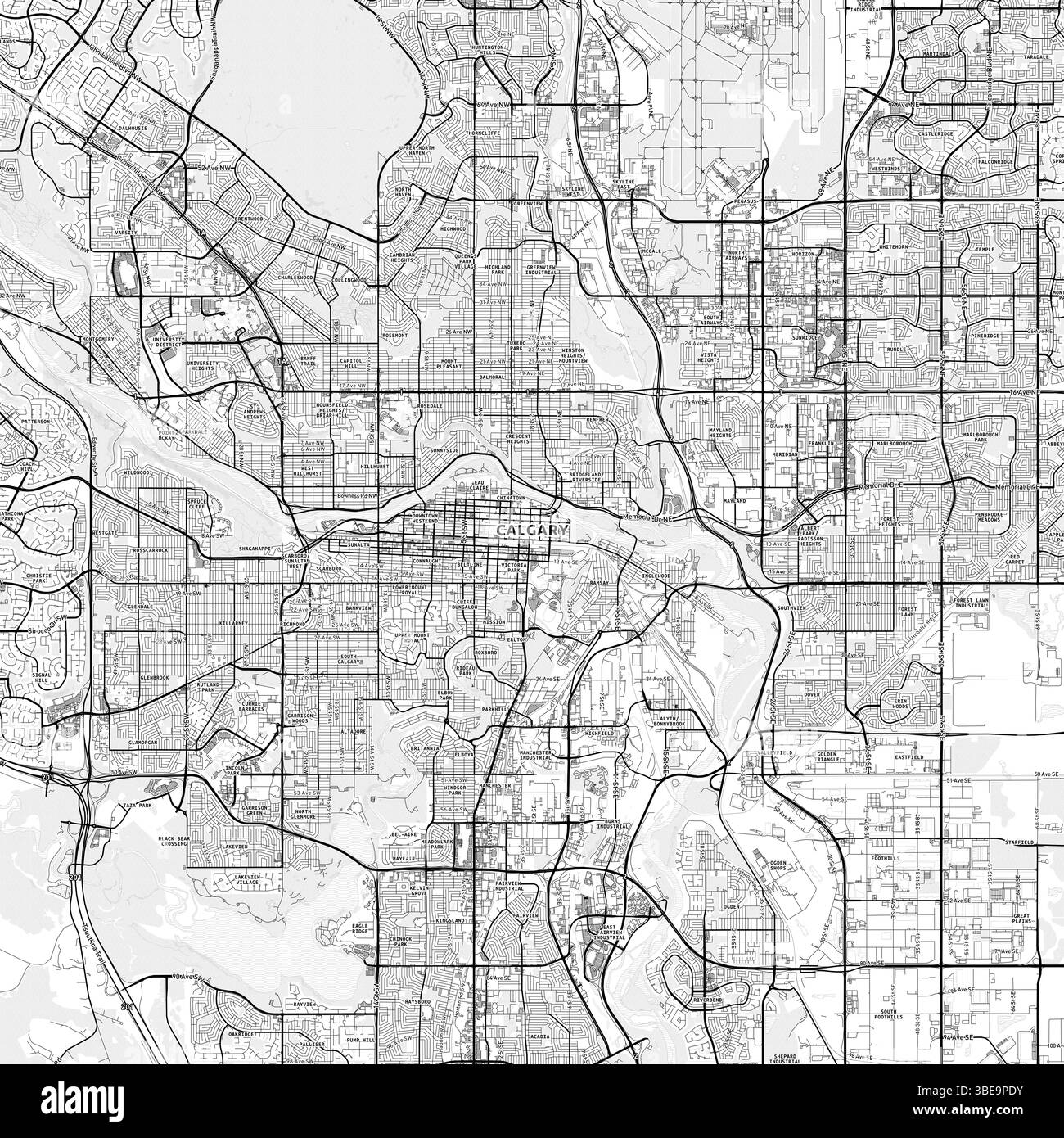 Minimalist Calgary Area Map with Labels and Neighborhoods with many ...