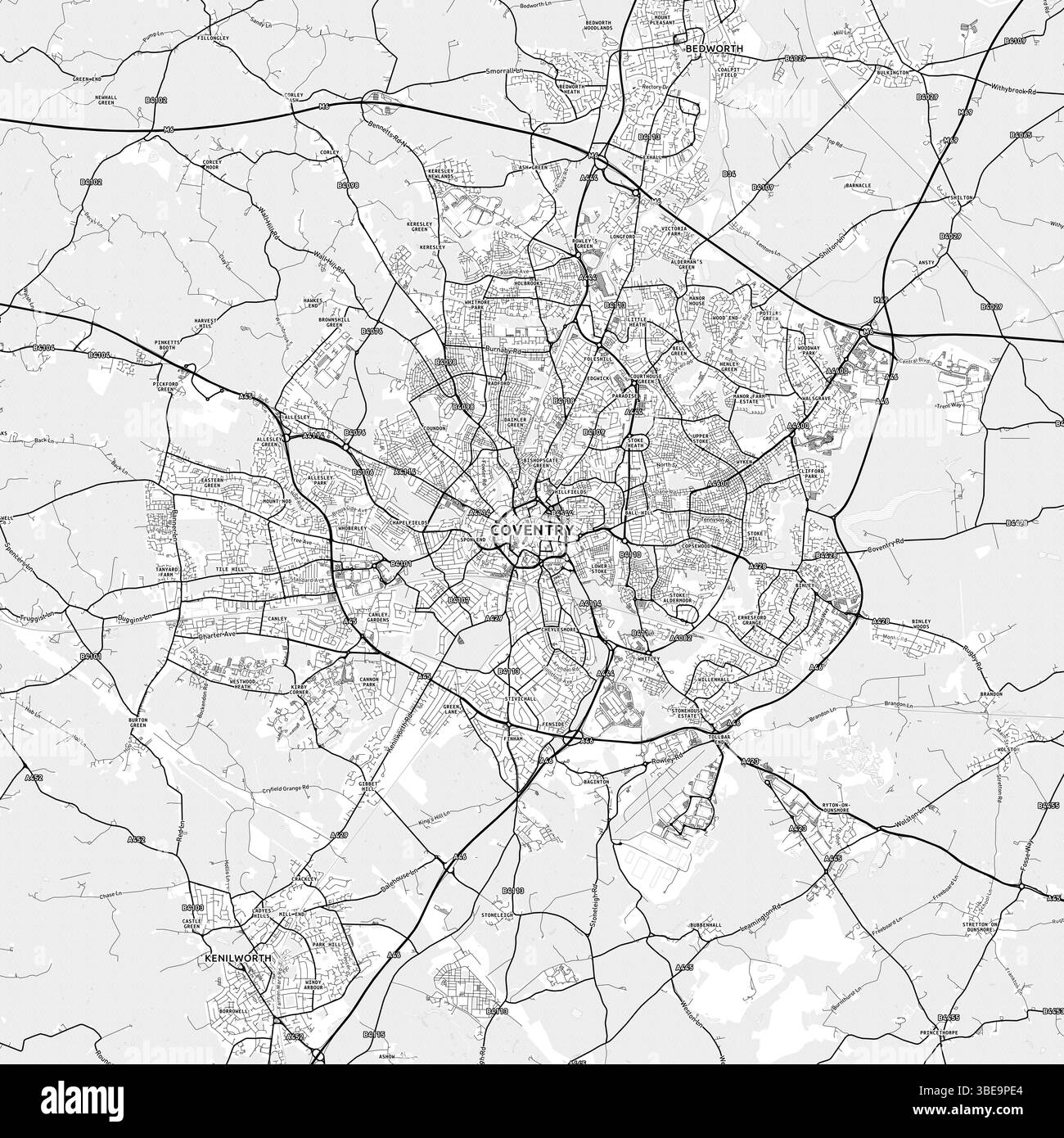 Minimalist Coventry Area Map with Labels and Neighborhoods with many ...
