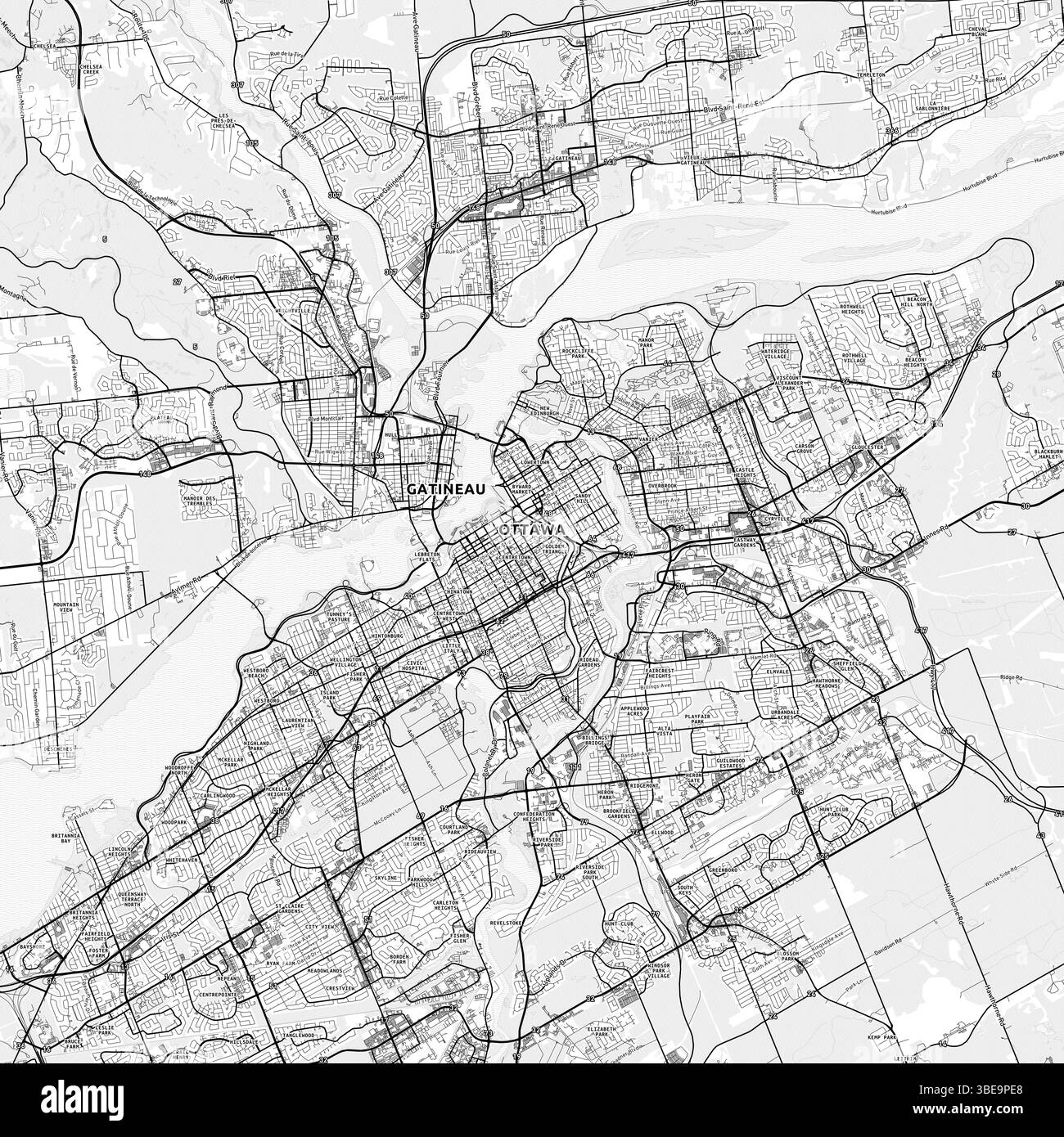 Minimalist Ottawa Area Map with Labels and Neighborhoods with many ...