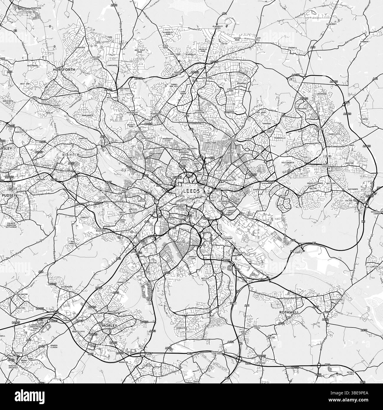 Minimalist Leeds Area Map with Labels and Neighborhoods with many ...
