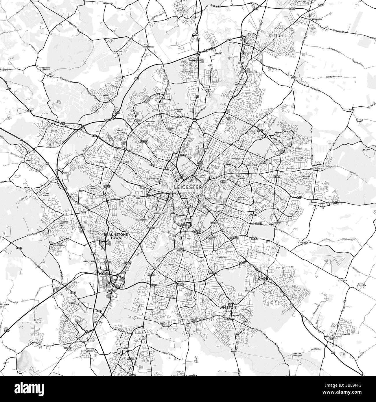 Minimalist Leicester Area Map with Labels and Neighborhoods with many ...