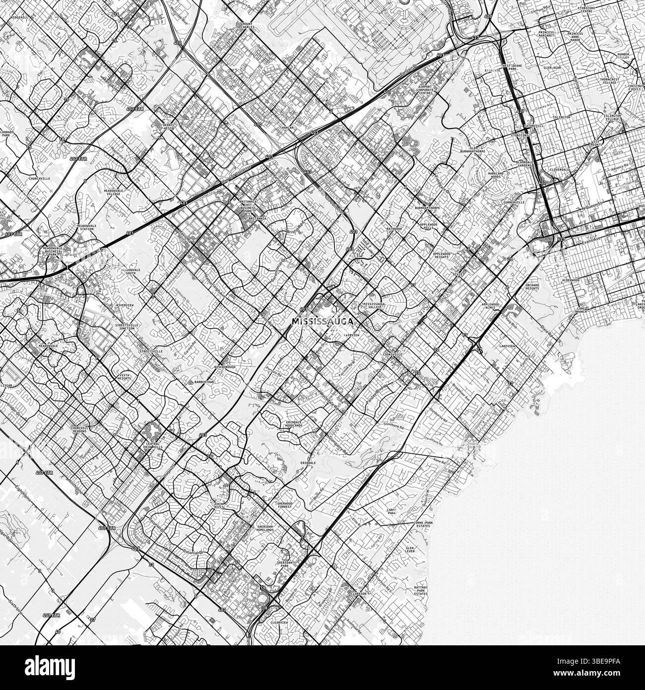 Minimalist Mississauga Area Map with Labels and Neighborhoods with many ...