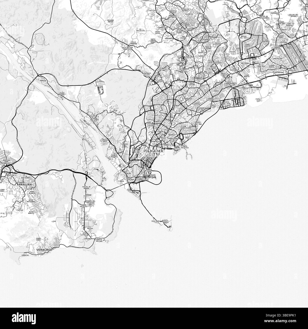 Minimalist Panamá Area Map with Labels and Neighborhoods with many ...