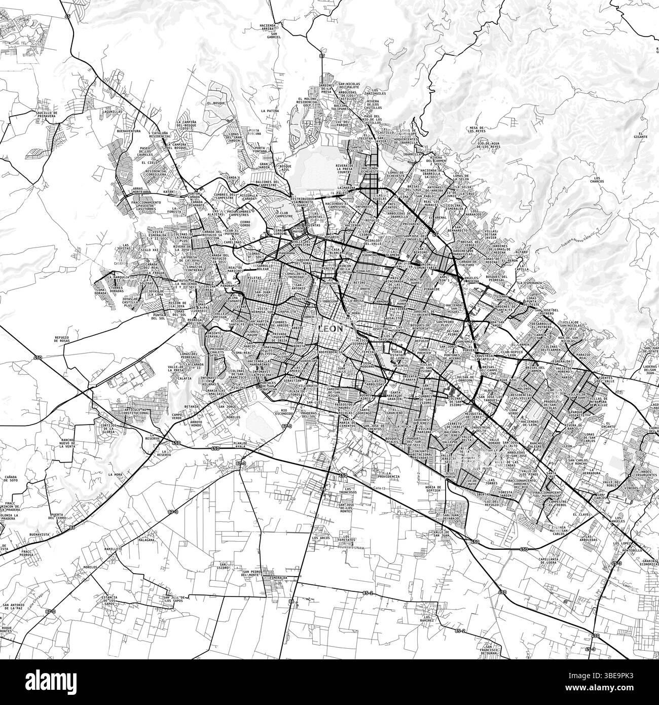 Minimalist León Area Map with Labels and Neighborhoods with many ...
