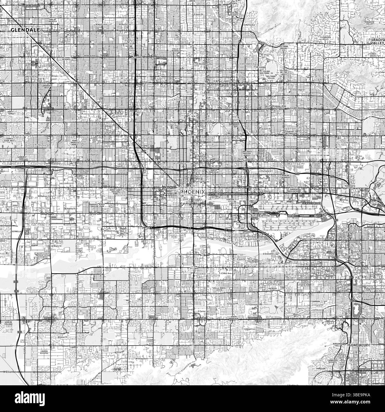 Minimalist Phoenix Area Map with Labels and Neighborhoods with many ...