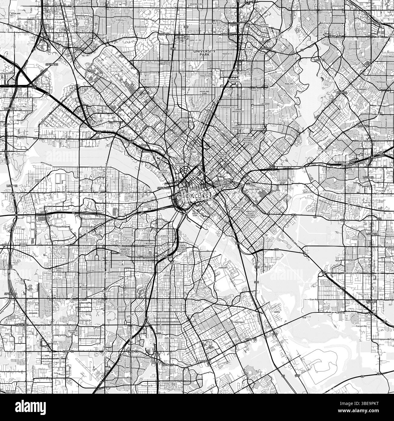 Minimalist Dallas Area Map with Labels and Neighborhoods with many ...