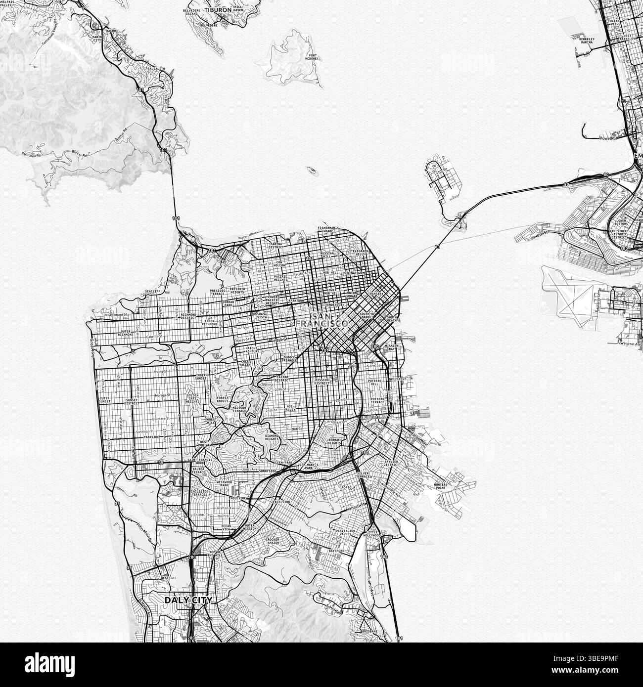 Minimalist San Francisco Area Map with Labels and Neighborhoods with ...