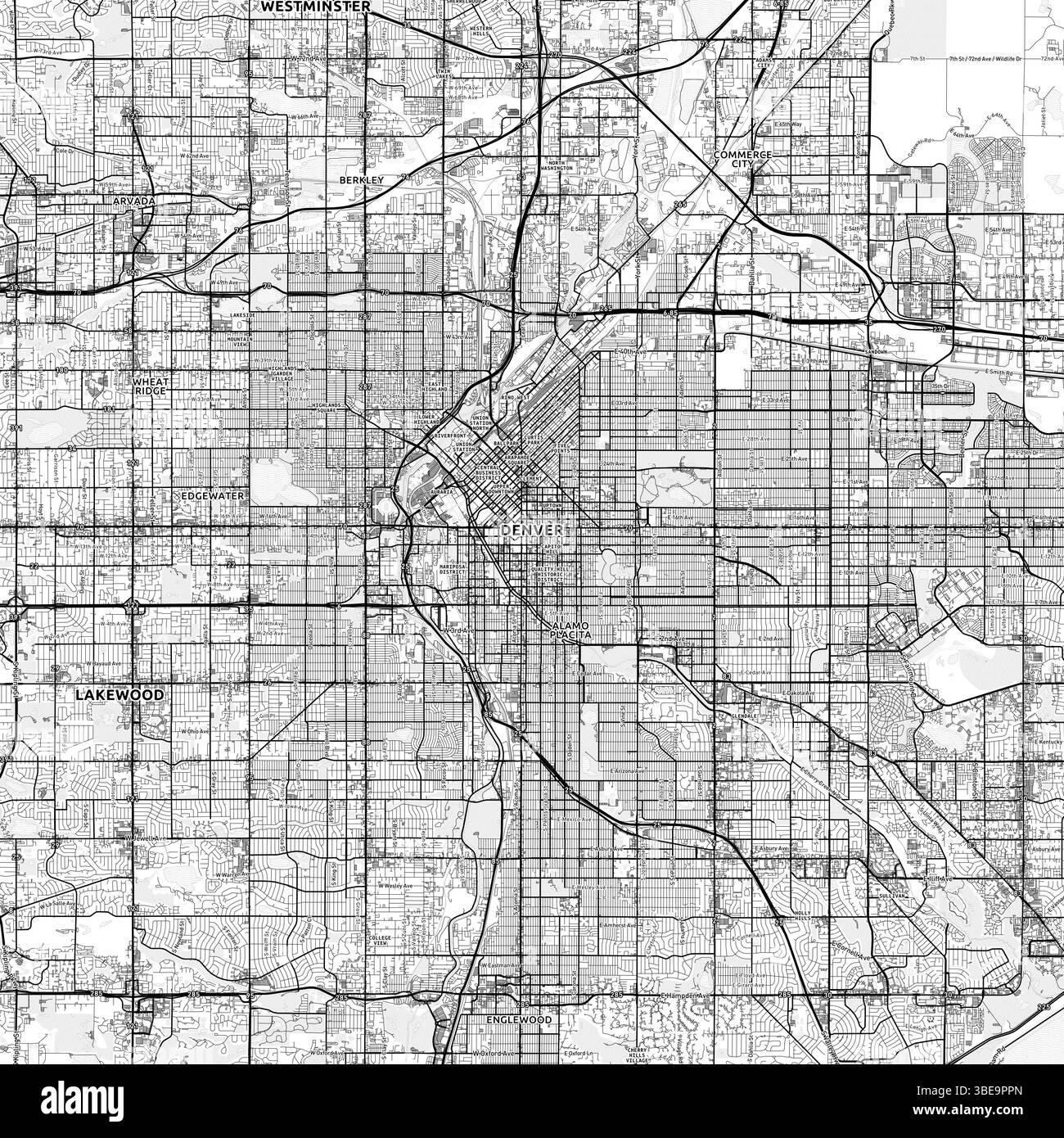 Minimalist Denver Area Map with Labels and Neighborhoods with many ...